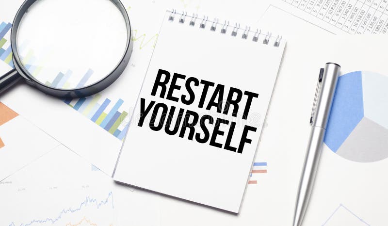 RESTART YOURSELF Text on Sticker with Calculator, Glasses and Magnifier ...