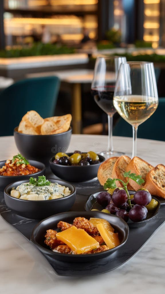 Restaurant Appetizer Platter with Wine for Sharing, Featuring Olives ...