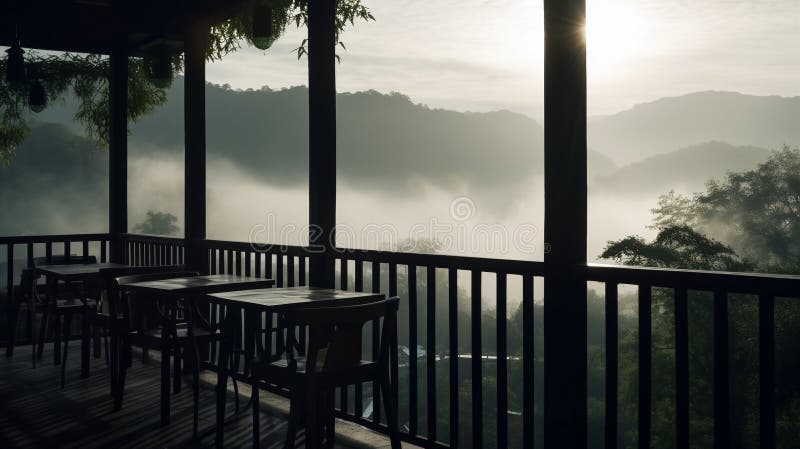 Restaurant Balcony Corner Mountain View Thick Foggy Clouds. Generative ...