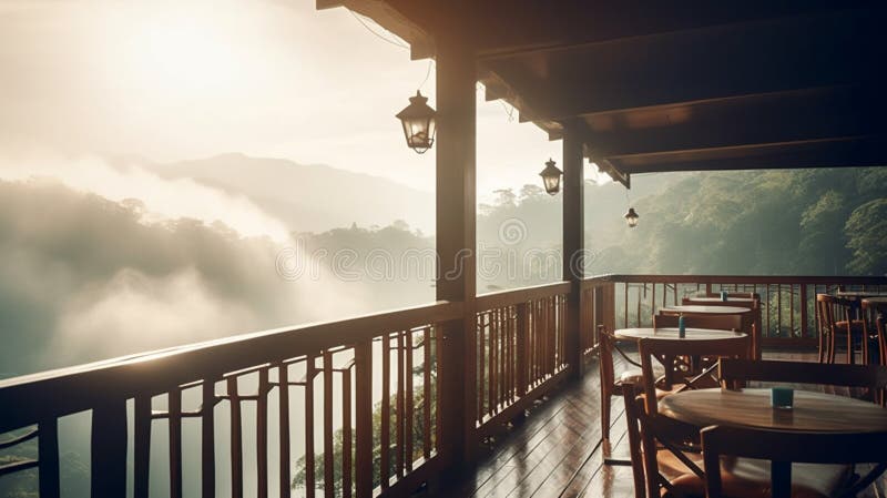 Restaurant Balcony Corner Mountain View Thick Foggy Clouds. Generative ...