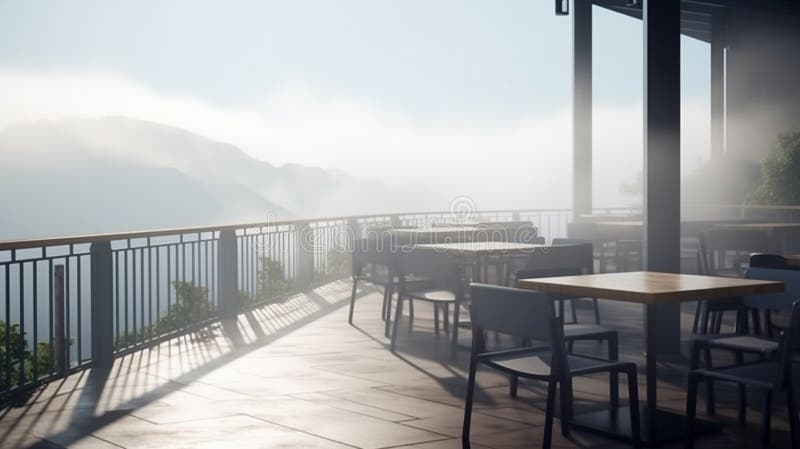 Restaurant Balcony Corner Mountain View Thick Foggy Clouds. Generative ...
