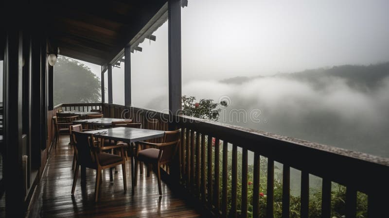 Restaurant Balcony Corner Mountain View Thick Foggy Clouds. Generative ...