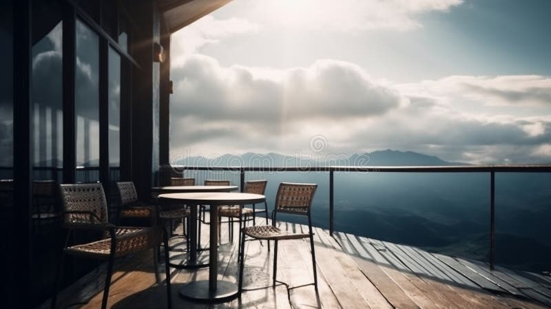 Restaurant Balcony Corner Mountain View Thick Foggy Clouds. Generative ...