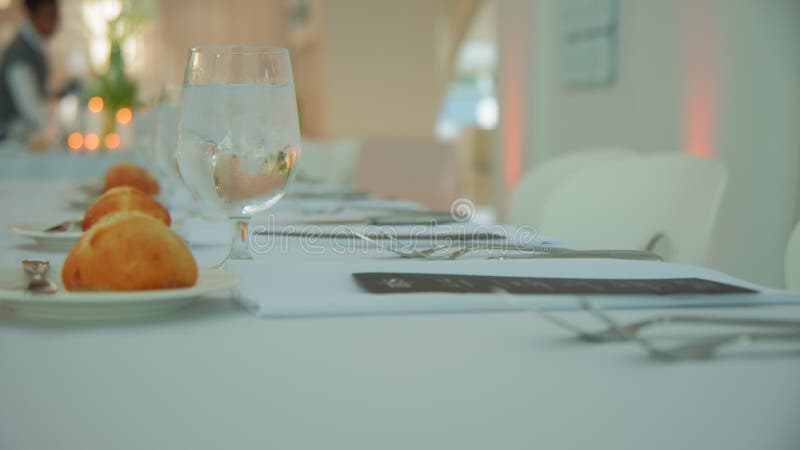 Restaurant Banquet Table Set Up Served Dinner Tableware and Silverware ...