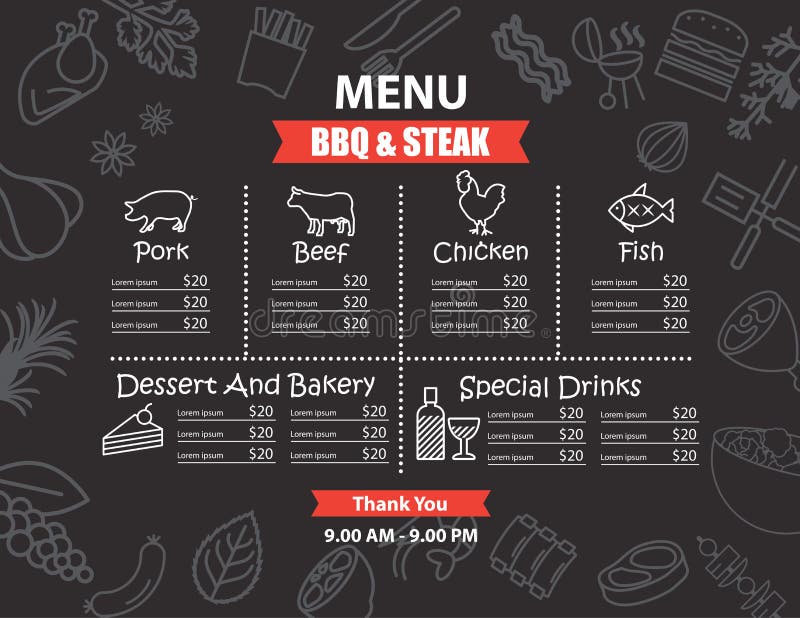 Restaurant BBQ Steak Menu Design Stock Vector - Illustration of menu ...