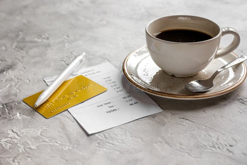 Restaurant Bill, Card and Waiter Ring on Wooden Table Background Stock ...