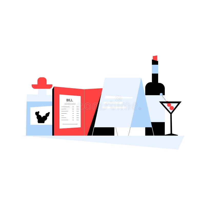 Restaurant Bill with Drinks and Menu in Flat Vector Illustration ...