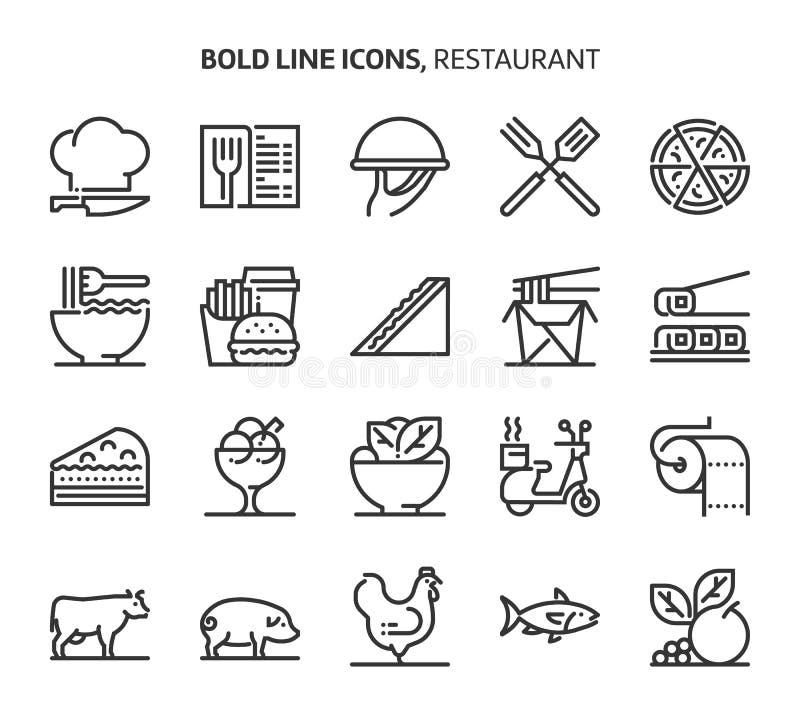 Restaurant, Bold Line Icons Stock Vector - Illustration of dessert ...