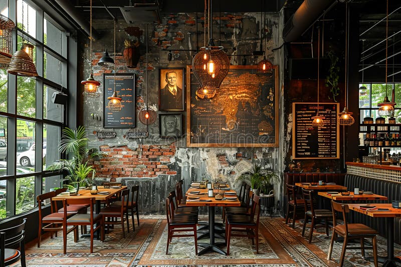 A Restaurant with a Brick Wall and a Large Map on the Wall Stock Image ...