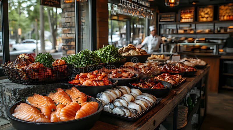 Restaurant Buffet with Fresh Seafood, Meat, and Vegetables Stock ...