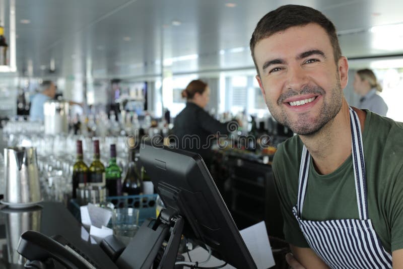 Restaurant Cashier in Front of Computer Stock Photo - Image of ...