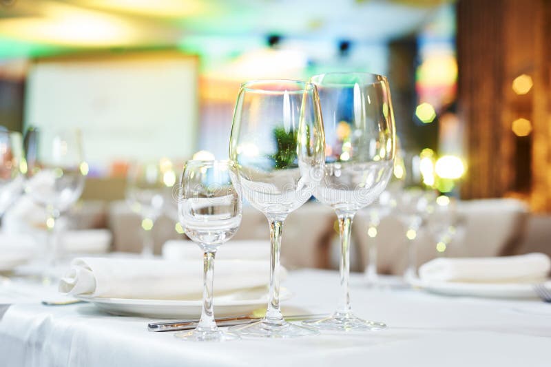 Restaurant Catering Table with Glassware Stock Photo - Image of goblet ...
