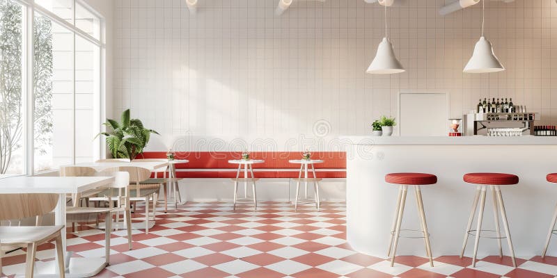 A Restaurant with a Checkered Floor and Red and White Walls by AI ...