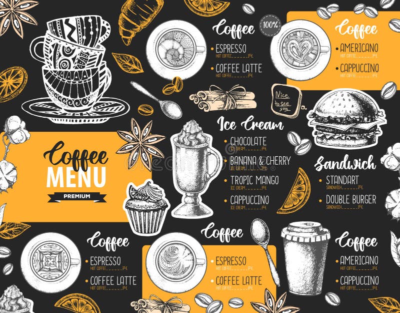 Restaurant Coffee Menu Design. Decorative Sketch of Cup of Coffee or ...