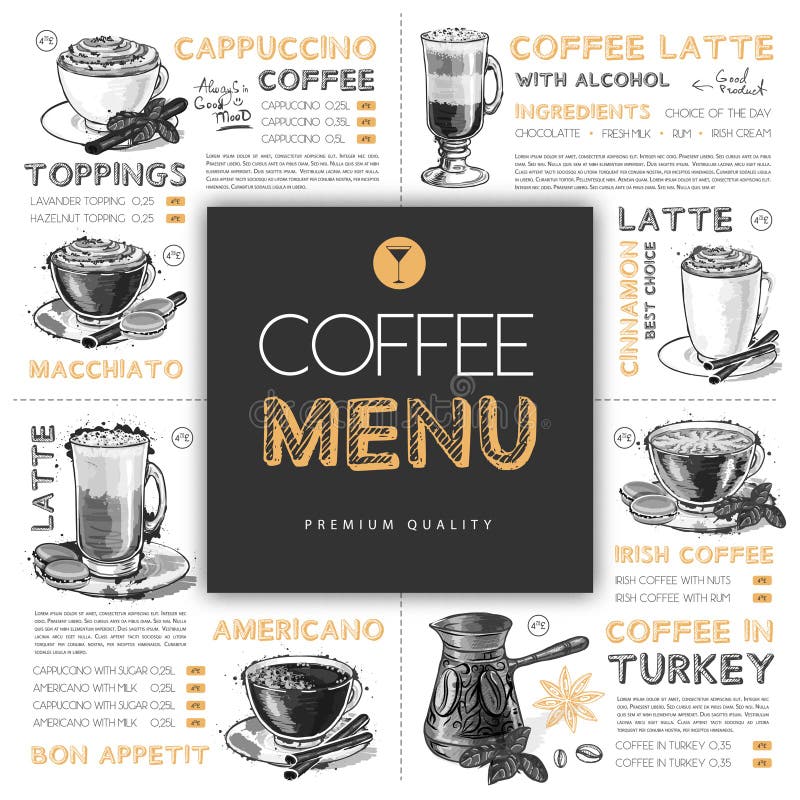 Restaurant Coffee Menu Design with Hand Drawing Coffee Elements. Stock ...