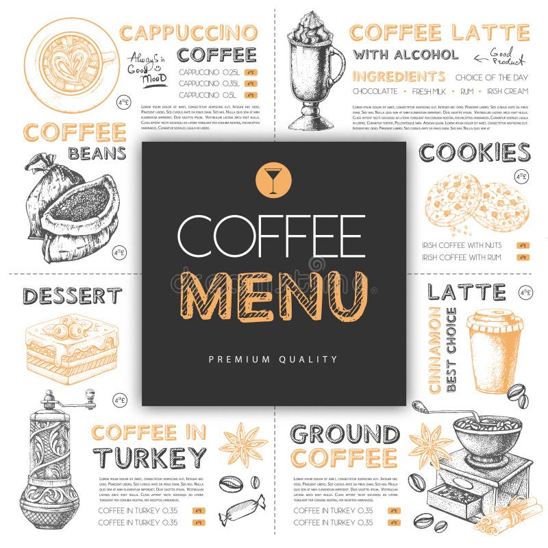 Restaurant Coffee Menu Design with Hand Drawing Coffee Elements. Stock ...
