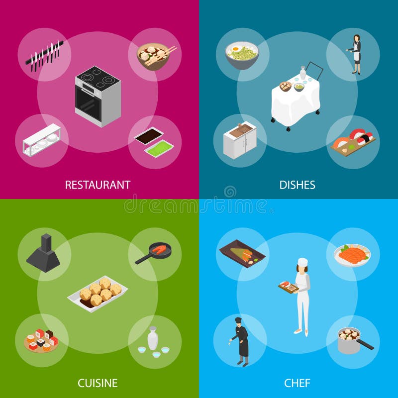 Restaurant Cooking Concept Banner Set 3d Isometric View. Vector Stock ...