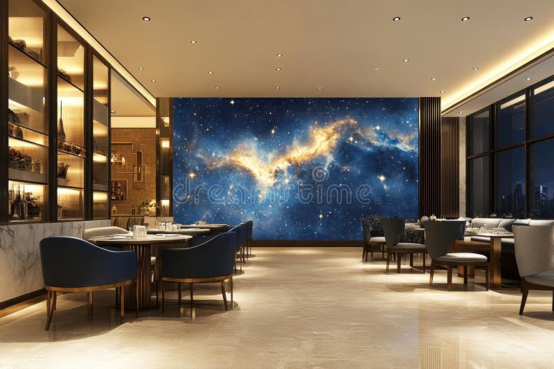 Restaurant Decor Features a Stunning Galaxy Mural, Creating a Cosmic Dining Experience with ...