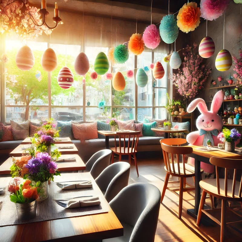 Restaurant Decorated with Easter Eggs and Bunny Celebrating Easter ...