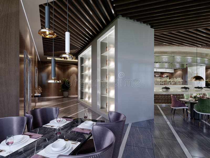 Restaurant with a Decorative White Shelving Unit with Decor and ...