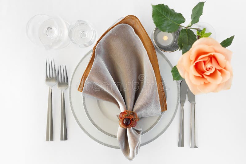 Restaurant Dinner Arrangement Set Plate Silverware Orange Rose Stock ...