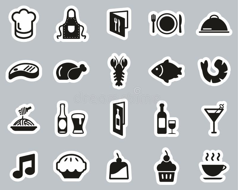 Dinner or Romantic Dinner Icons White on Black Sticker Set Big Stock ...
