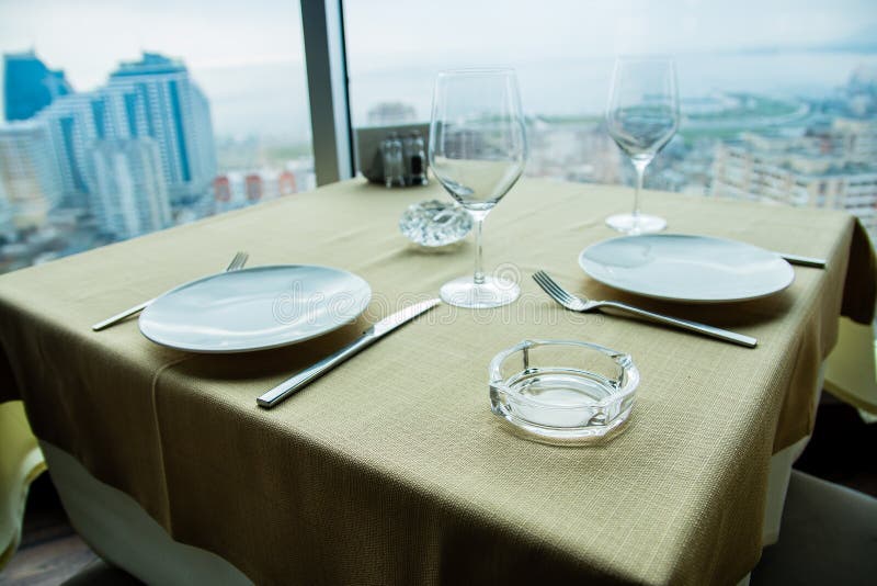 Restaurant Empty Table for Two with Large Window View. Stock Image ...
