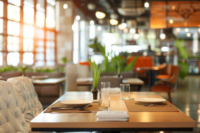 Restaurant with Empty Tables and Chairs in Warm Sunlight Stock Photo ...