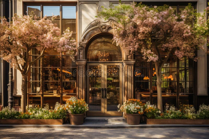 Restaurant Facade Front View, Ornate Archway Entrance, Spring Blooms ...