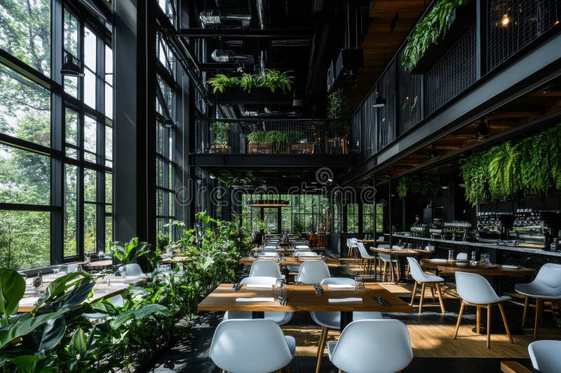 The Restaurant Features a Modern Aesthetic Complemented by Lush Green ...