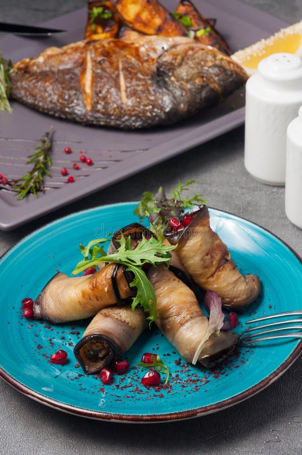 Restaurant Food: Cold Appetizer and Baked Fish Stock Image - Image of ...