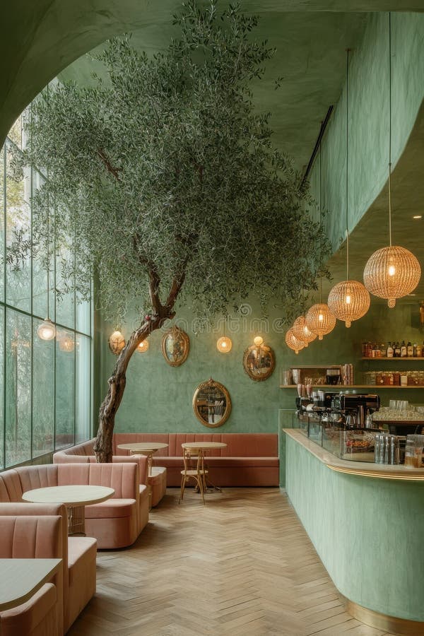 A Restaurant with a Green Theme and a Tree in the Middle Stock Image ...