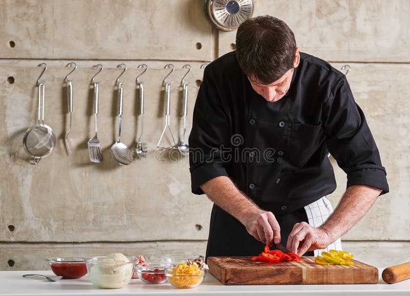 Restaurant Hotel Private Chef Cutting Red Pepper on Board Stock Image ...
