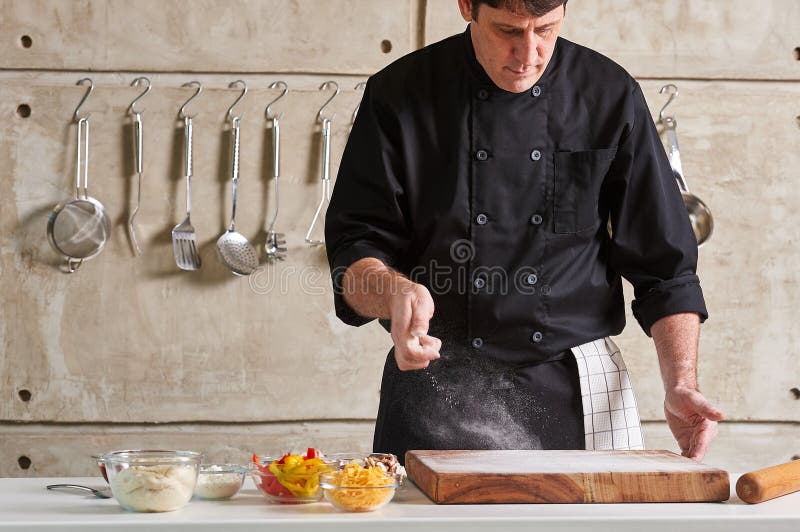 Restaurant Hotel Private Chef Dusting Flour on Board Stock Image ...