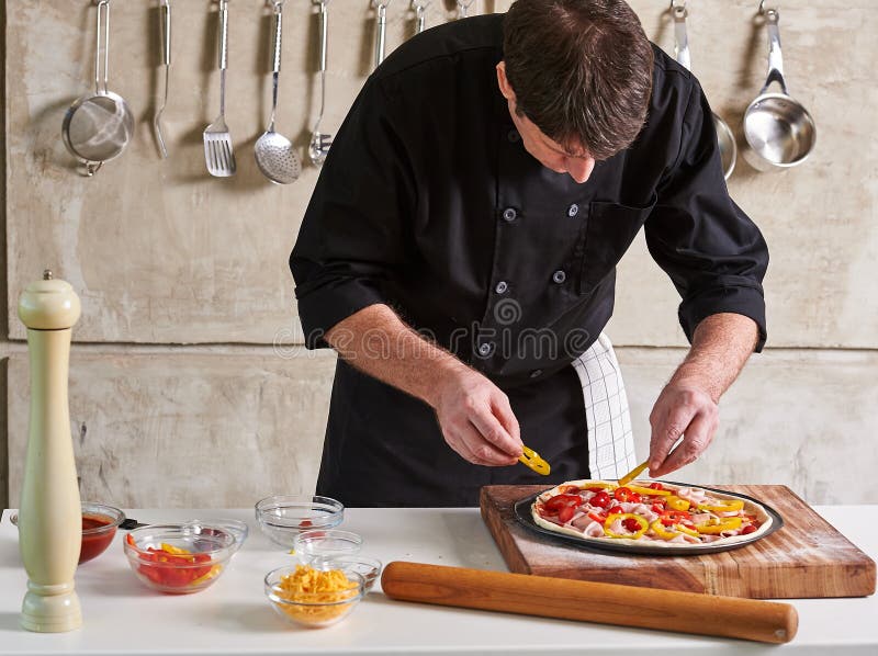 Restaurant Hotel Private Chef Preparing Pizza Adding Toppings Stock ...