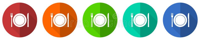 Restaurant Icon Set, Red, Blue, Green and Orange Flat Design Web ...