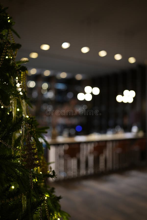 Restaurant Interior with Christmas Tree and Lights Stock Image - Image ...
