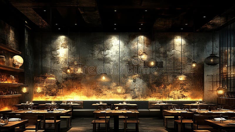 Restaurant Interior Design, Fire Wall, Urban Setting, Evening Ambiance ...