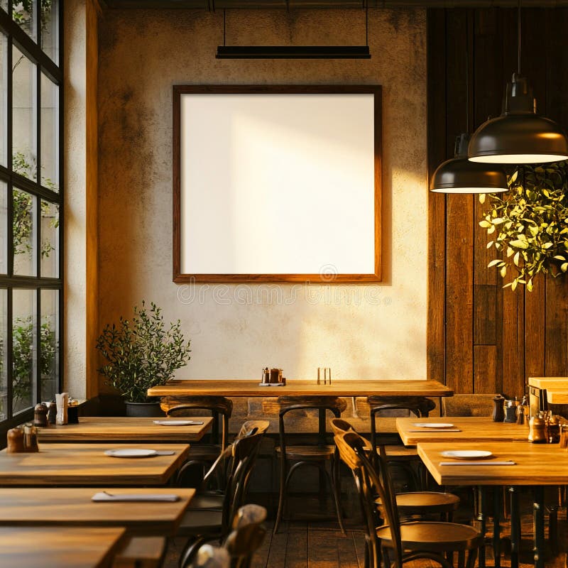 Restaurant Interior Design Mockup Poster in Rustic Cafe Setting Stock ...