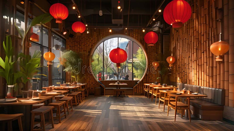 A Restaurant Interior Featuring Vibrant Red Lanterns Hanging from the ...
