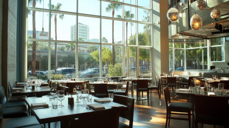 Restaurant Interior with Large Windows and Sunbeams Stock Illustration ...