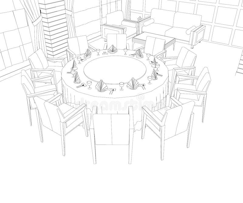 Restaurant Interior Outline with Round Table and Chairs. Vector ...