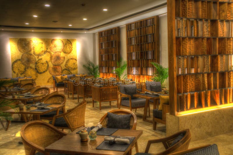 Lounge Bar Interior with Tables and Chairs and Couches at Night Stock ...