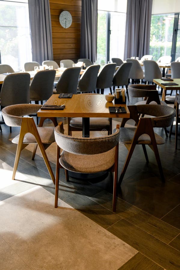 Restaurant Interior with Wooden Tables and Chairs Stock Photo - Image ...