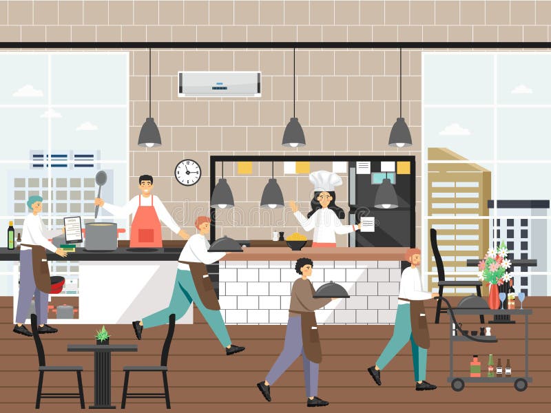 Restaurant Kitchen with Chef and Waiter Characters, Flat Vector ...
