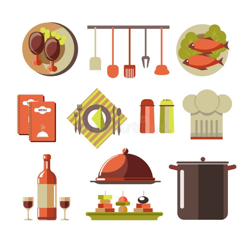 Restaurant Kitchen Elements Colorful Set Isolated on White Stock Vector ...