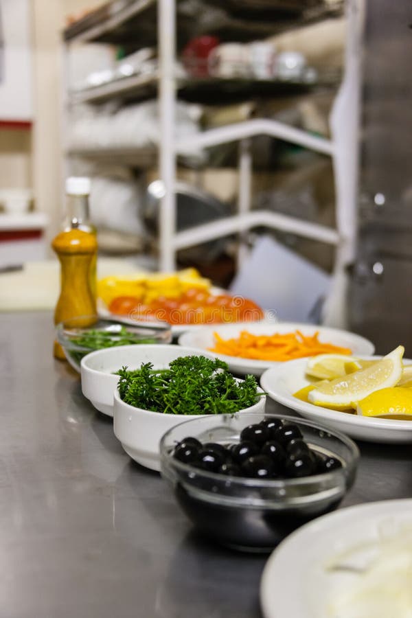 Restaurant Kitchen with Fresh Ingredients Stock Photo - Image of ...