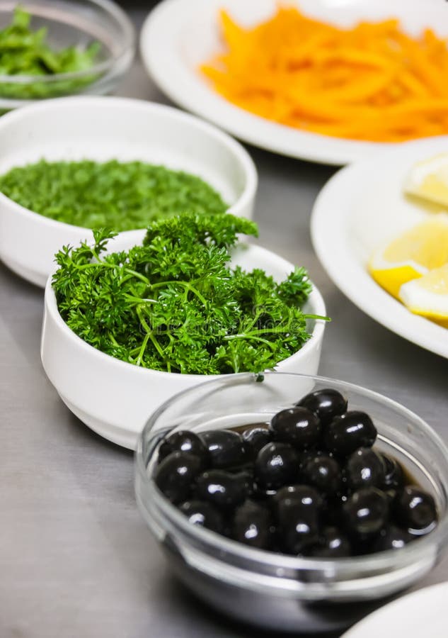 Restaurant Kitchen with Fresh Ingredients Stock Image - Image of ...