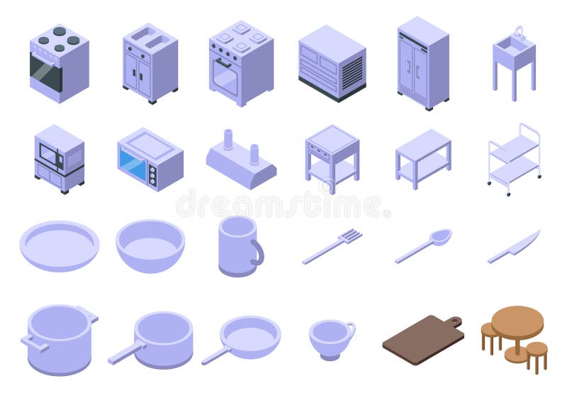 Restaurant Kitchen Interior Icons Set Isometric Vector. Chef Staff ...