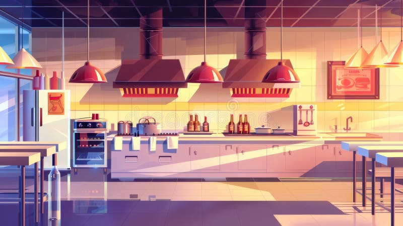 Restaurant Kitchen Interior Table View in Cartoon Style. Professional ...